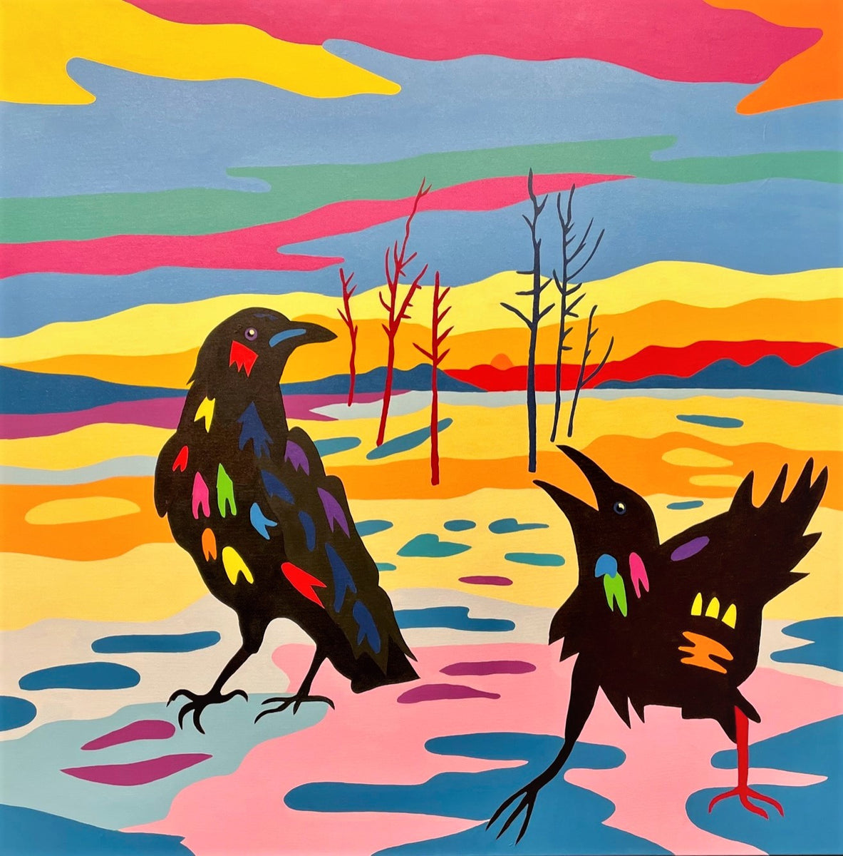 Two Crows (Corvus brachyrhynchos) Await Spring – Art Rental & Sales